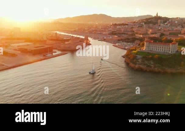 Aerial view of the Marseille cityscape at sunrise, southern France ...