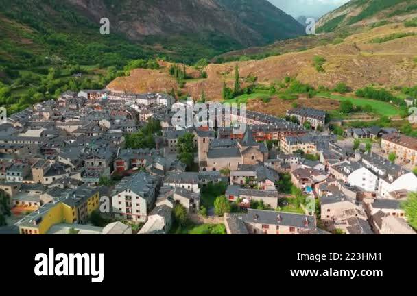 Aerial view of the town of Benasque, Huesca, in the Aragon region of ...
