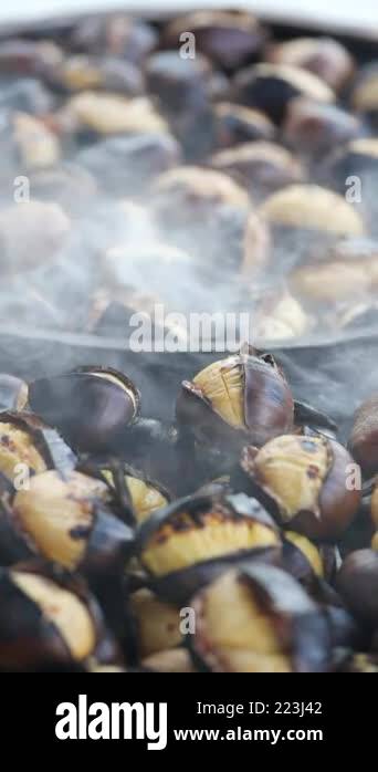 traditional Istanbul street food grilled chestnuts in a row Stock Video ...
