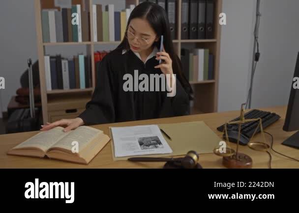 Woman judge wearing glasses talking on phone while studying legal ...