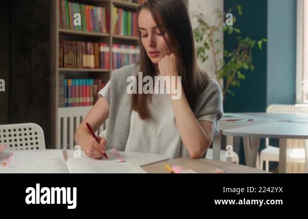 Caucasian woman businesswoman classroom library teacher student girl ...