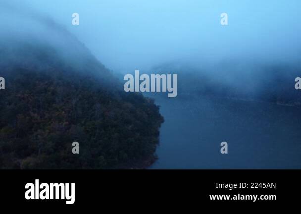 Aerial view of beautiful fog on the lake in the morning. Fresh early morning in the forest near ...