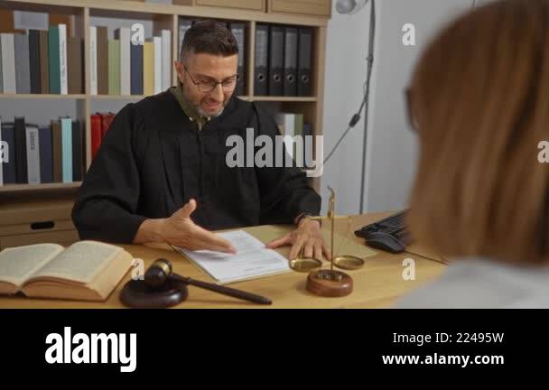 Man judge talking to woman client in lawyer office, pointing at ...