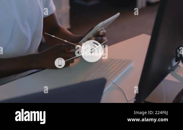 Holding smartphone, person surrounded by network connectivity animation ...