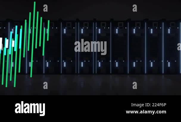 Colorful bar graph animation over server racks in data center ...