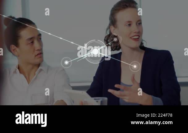 Network connections and data processing animation over business meeting discussion. Technology ...