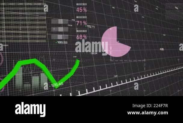 Green line graph animation over global financial data and charts. Finance, analytics, investment ...