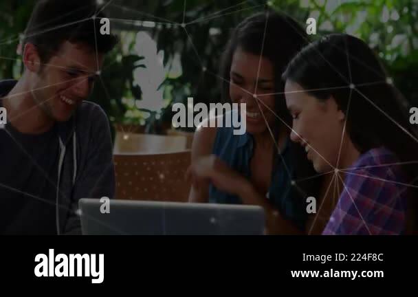 Network connections animation over diverse people laughing and using ...