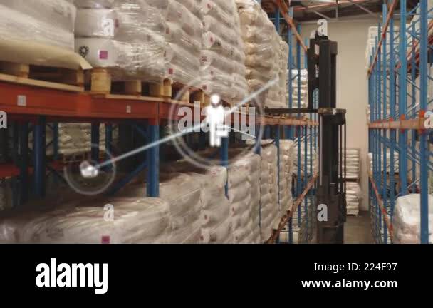 Warehouse logistics and network connections animation over worker ...