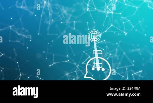 Network connections and data processing animated over blue background with head icon. Technology ...
