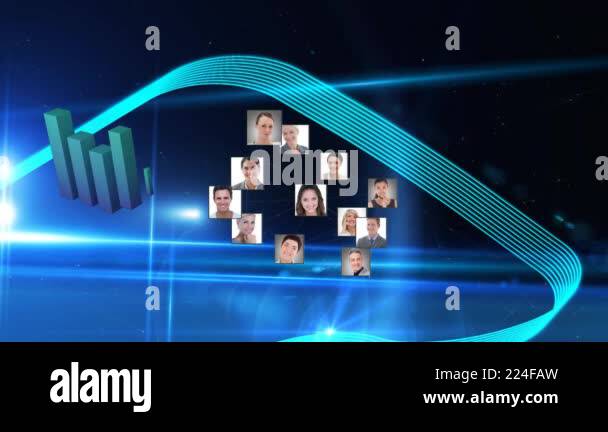 Network of diverse professionals animation over blue bar graph and ...