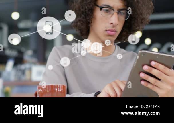 Network of music and media icons animation over person using tablet ...