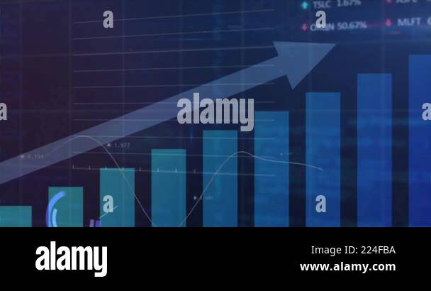Financial data and stock market growth animation over bar and line ...
