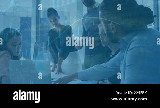 Business team collaborating over financial data analysis animation in office. teamwork ...