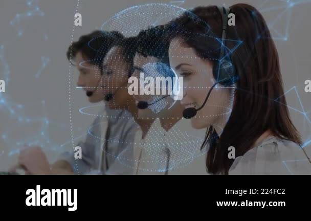 Customer service representatives wearing headsets, global network connections animated above ...