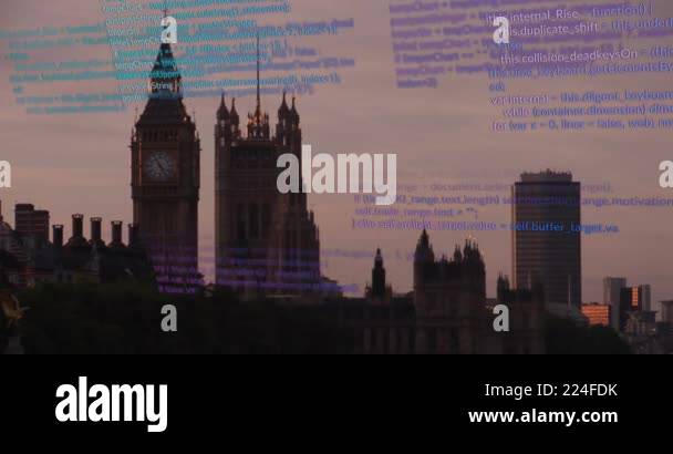 Computer code animation over Big Ben and Houses of Parliament in London ...