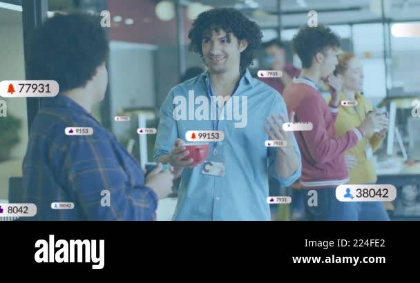 Social media notifications animation over diverse people interacting in ...