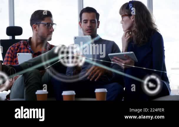 Analyzing data connections animation, people using tablets and smartphones in office. Technology ...