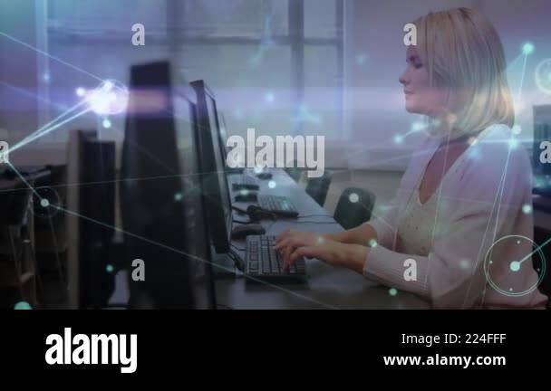Network connections and data processing animation over woman working on computer. Technology ...