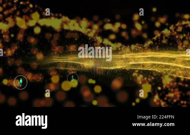 Travel and tourism icons animation over digital golden wave background ...