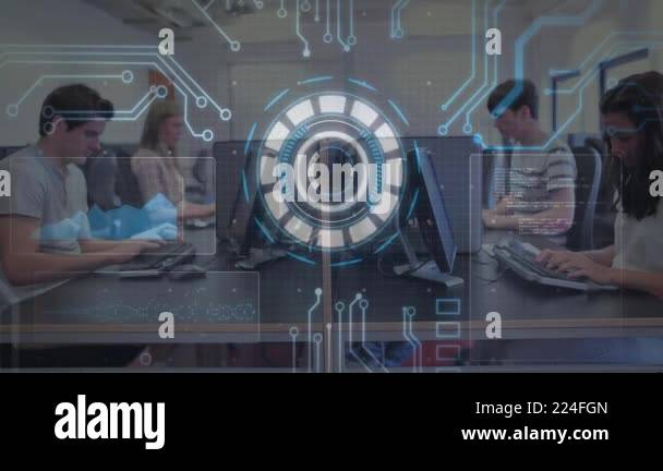 Digital interface animation over students working on computers in ...
