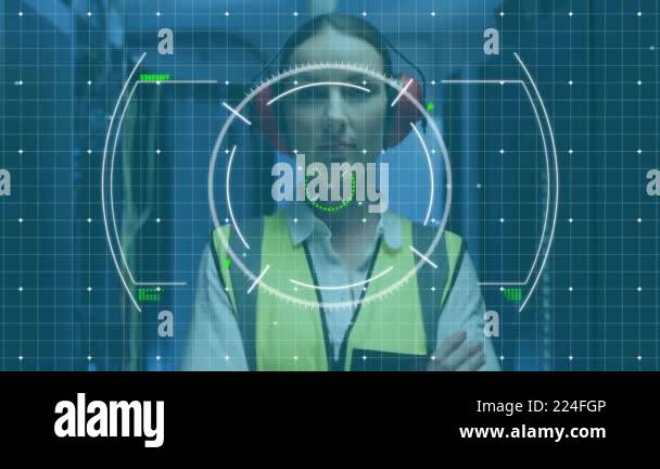 Targeting animation, industrial worker wearing safety gear in factory ...