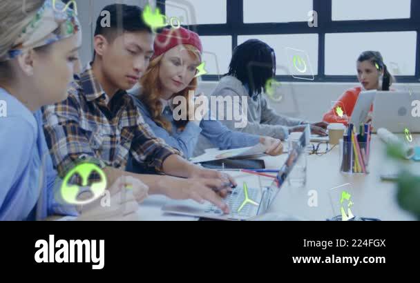 Studying in classroom, diverse students with environmental icons ...