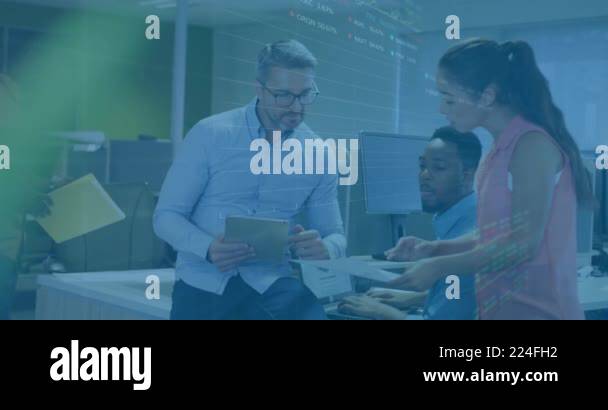 Business data and analytics animation over diverse team collaborating ...