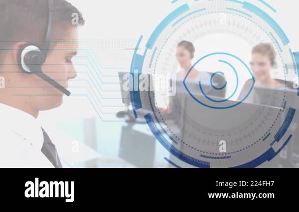 Customer service representative with headset in office over data ...