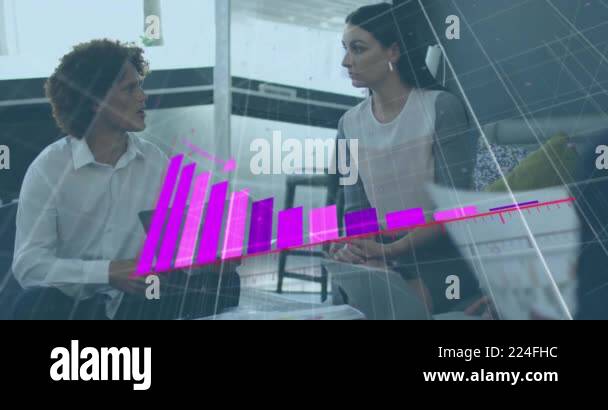 Business data chart animation over colleagues discussing in modern ...