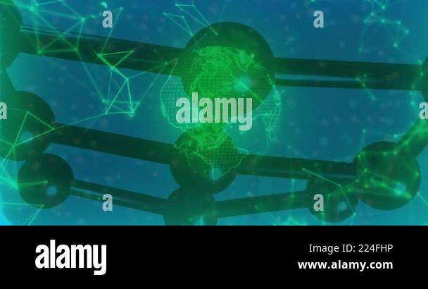 Green digital globe and network connections animation over molecular structure. Technology ...