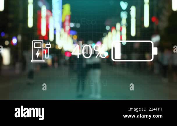 Charging animation over blurred city street with eco and battery icons ...