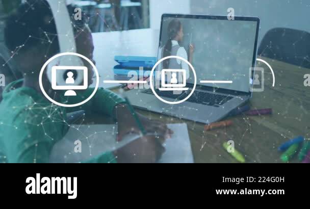 Network of connected devices animation over child studying at desk with ...