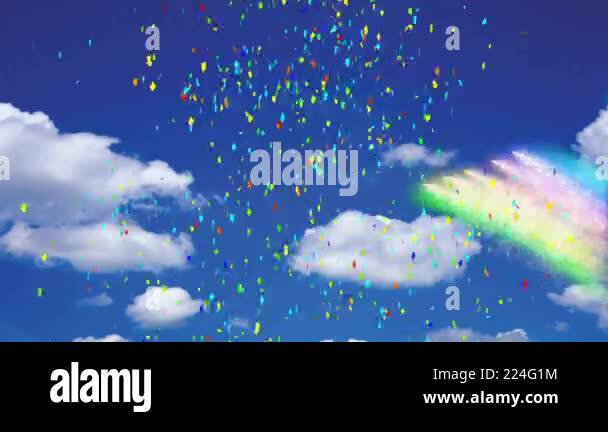 Rainbow and colorful confetti animation over blue sky with clouds ...