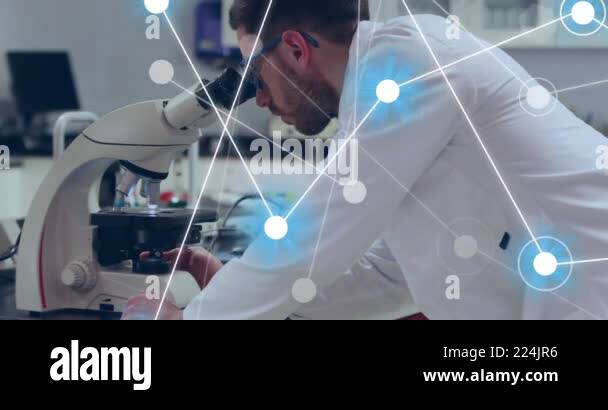 Animation of network of connections over caucasian male scientist working in lab. Global science ...