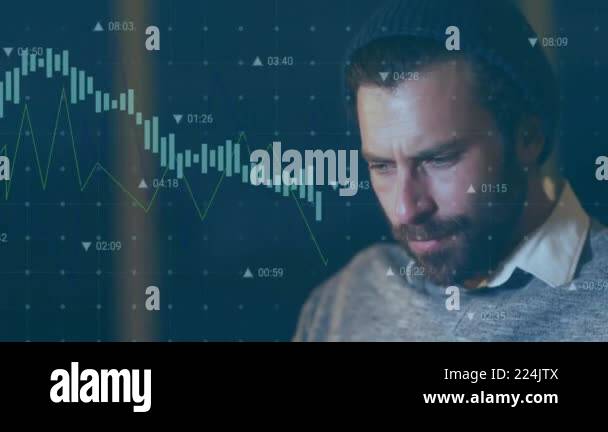 Financial data and stock market graph animation over man using tablet ...