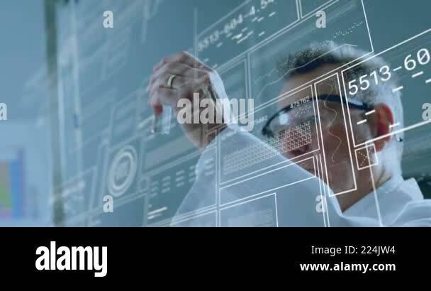 Animation of data processing over caucasian male scientist working in ...
