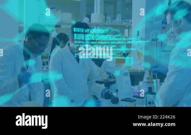 Animation of scientific data processing over diverse scientists in laboratory. Global science ...