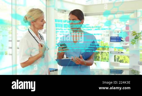 Animation of data processing over diverse female doctors talking ...