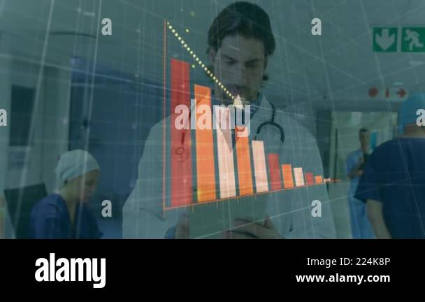 Animation of diagram over caucasian male doctor talking with mother ...