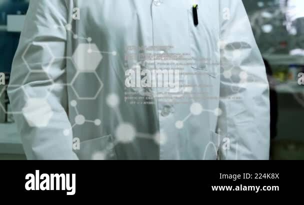 Animation of data processing over caucasian male scientist in lab ...