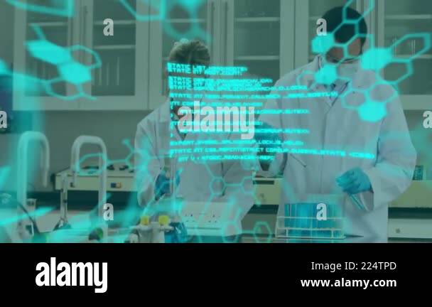 Animation of scientific data processing over diverse scientists in laboratory. Global science ...