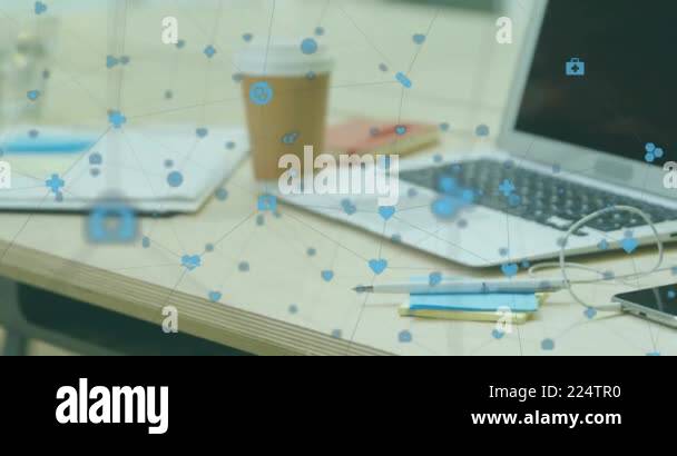 Animation of network of connections with icons over empty office with ...