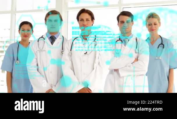 Animation of data processing over diverse doctors with thumbs up ...