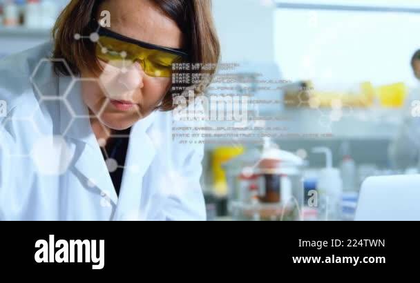 Animation of data processing over caucasian female scientist in lab ...