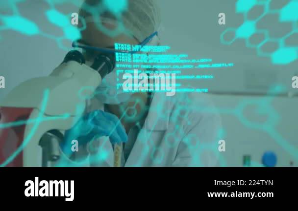 Animation of scientific data processing over caucasian female scientist ...