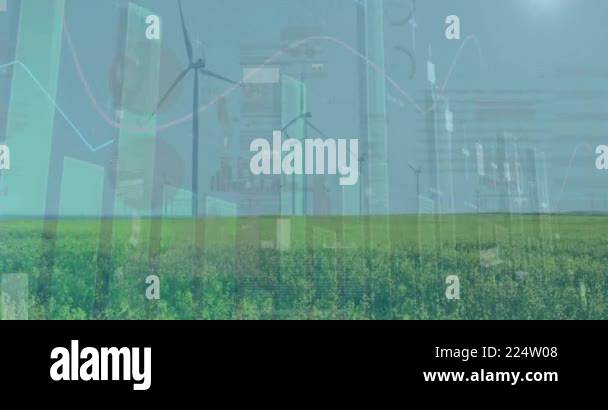 Financial data and graphs animation over wind turbines and cityscape in ...