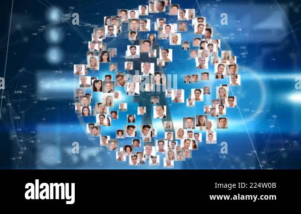 Collage of diverse faces forming globe shape over digital network ...