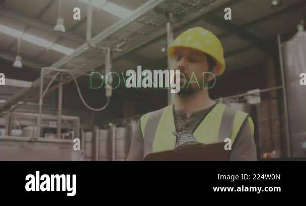 Worker in safety gear holding clipboard, DOWNLOAD text animation over ...