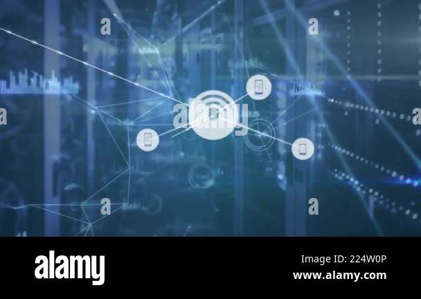 Network connectivity and data transfer animation over blurred office ...